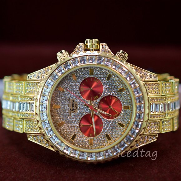 Accessories | Mens Full Iced Out Chronograph Red Face Watch | Poshmark